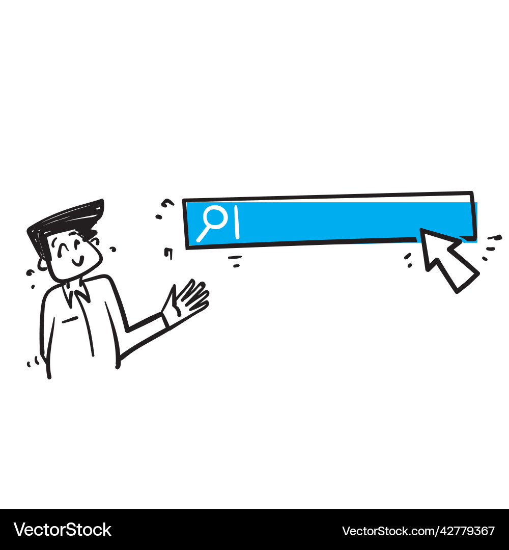 Hand drawn doodle man showing search bar website Vector Image