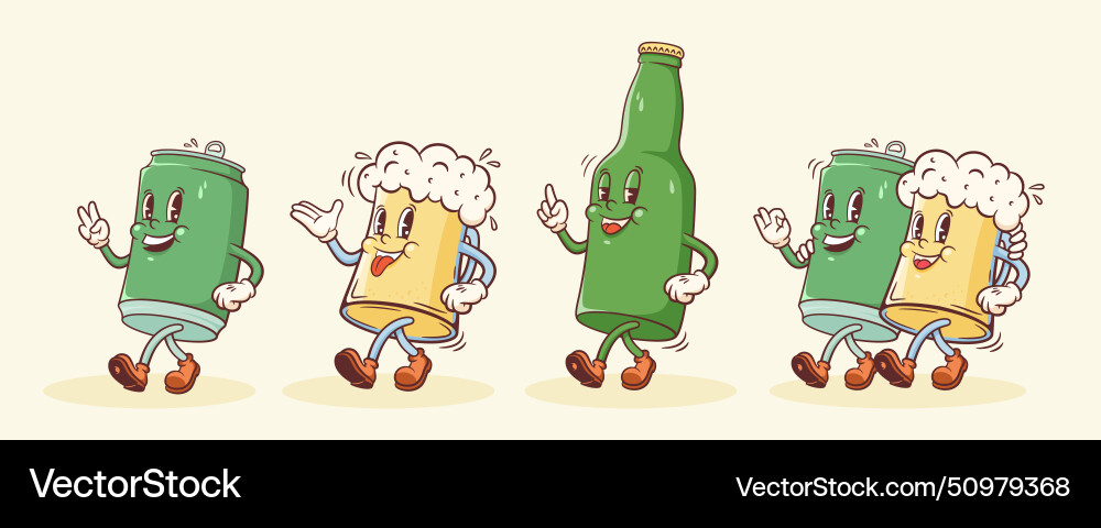 Groovy beer mug and can retro character Royalty Free Vector