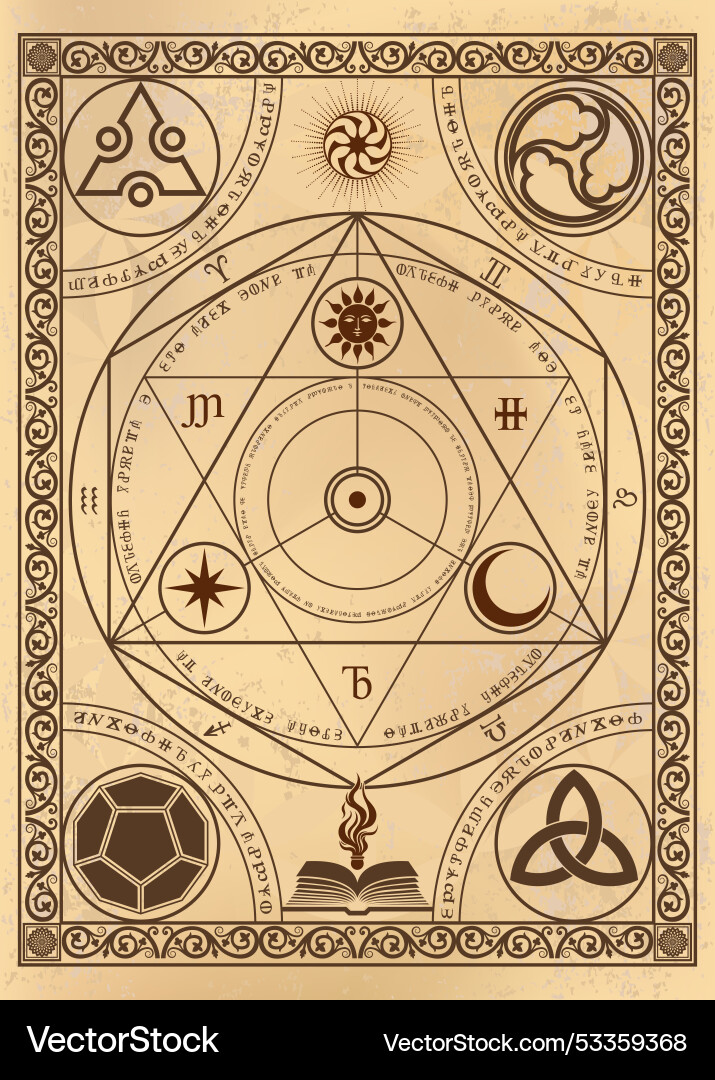 Magic alchemy page with abstract symbols writing Vector Image