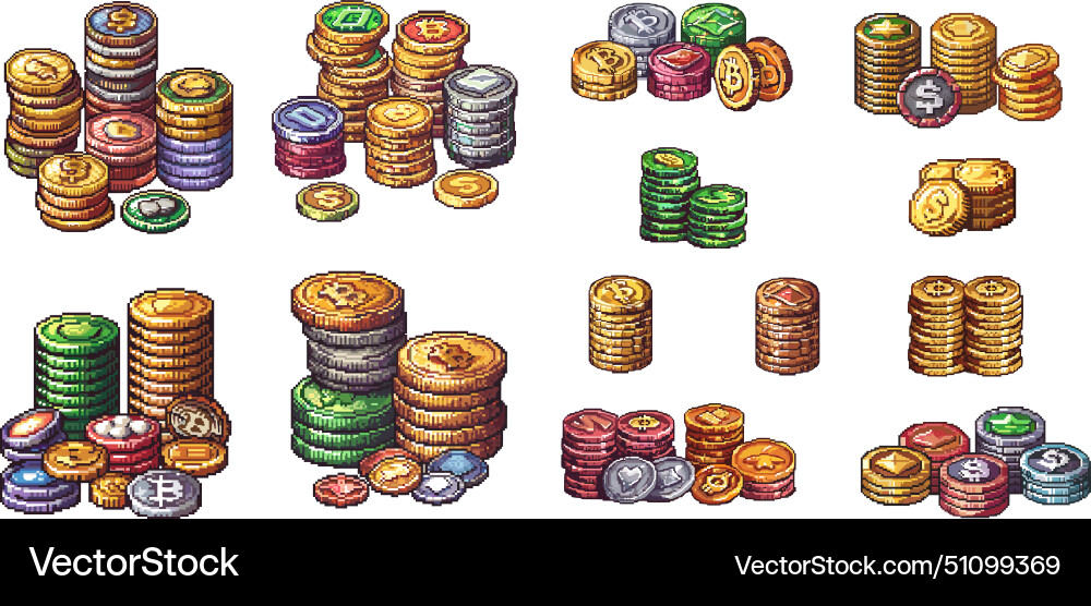 Coins stacks pixel art set currency crypto Vector Image