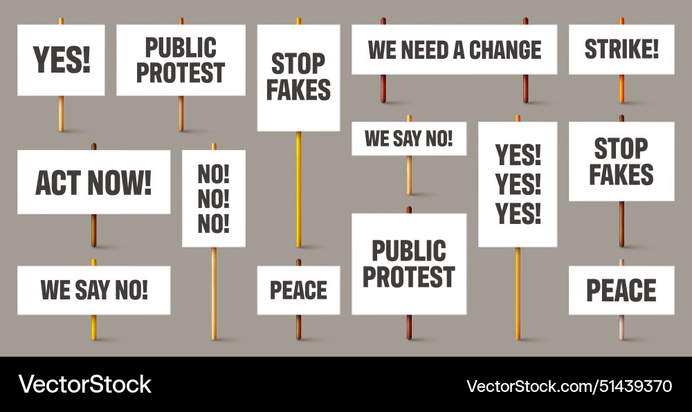 Blank white protest signs with text slogans Vector Image