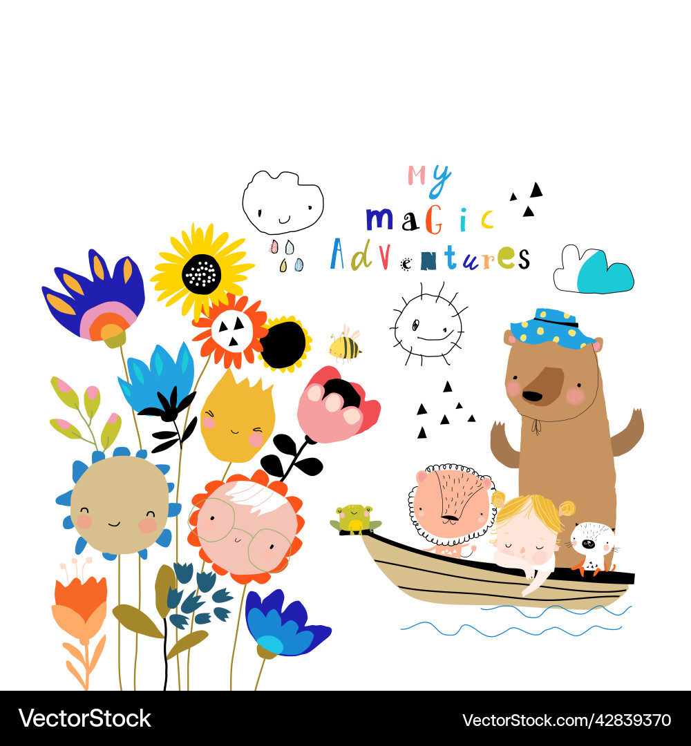 Cartoon friends floating on the boat magic Vector Image