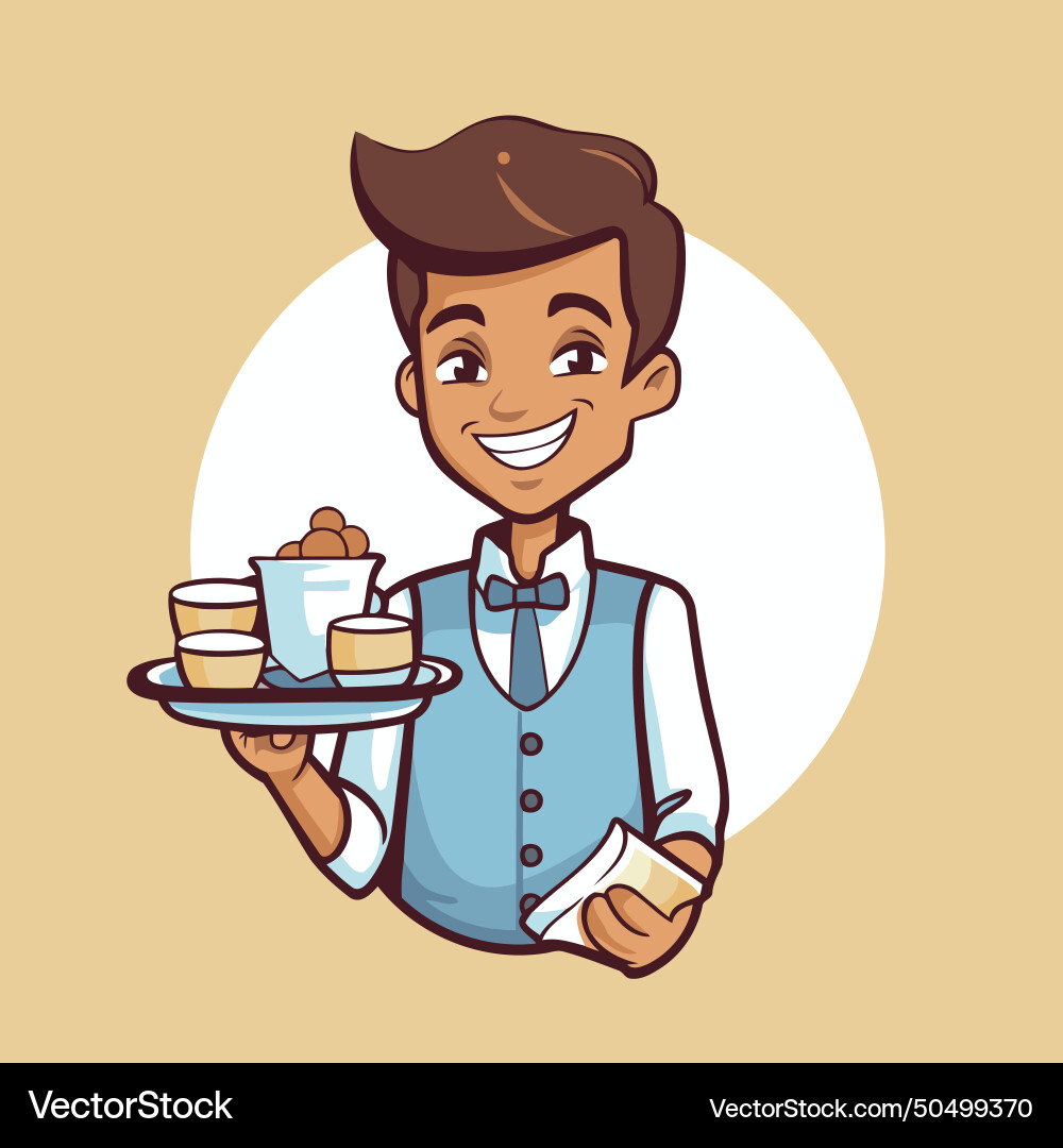 Smiling waiter holding tray with coffee Royalty Free Vector