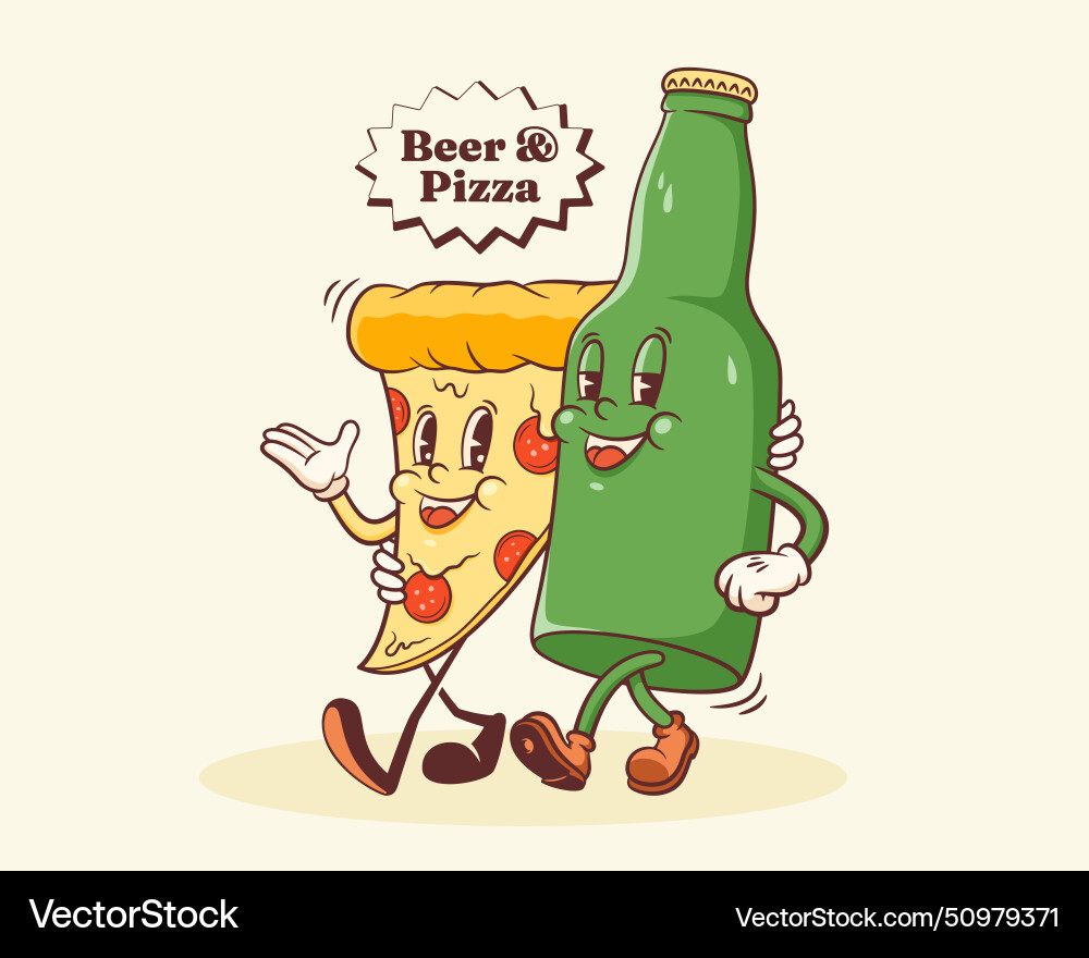 Groovy pizza and beer retro characters label Vector Image