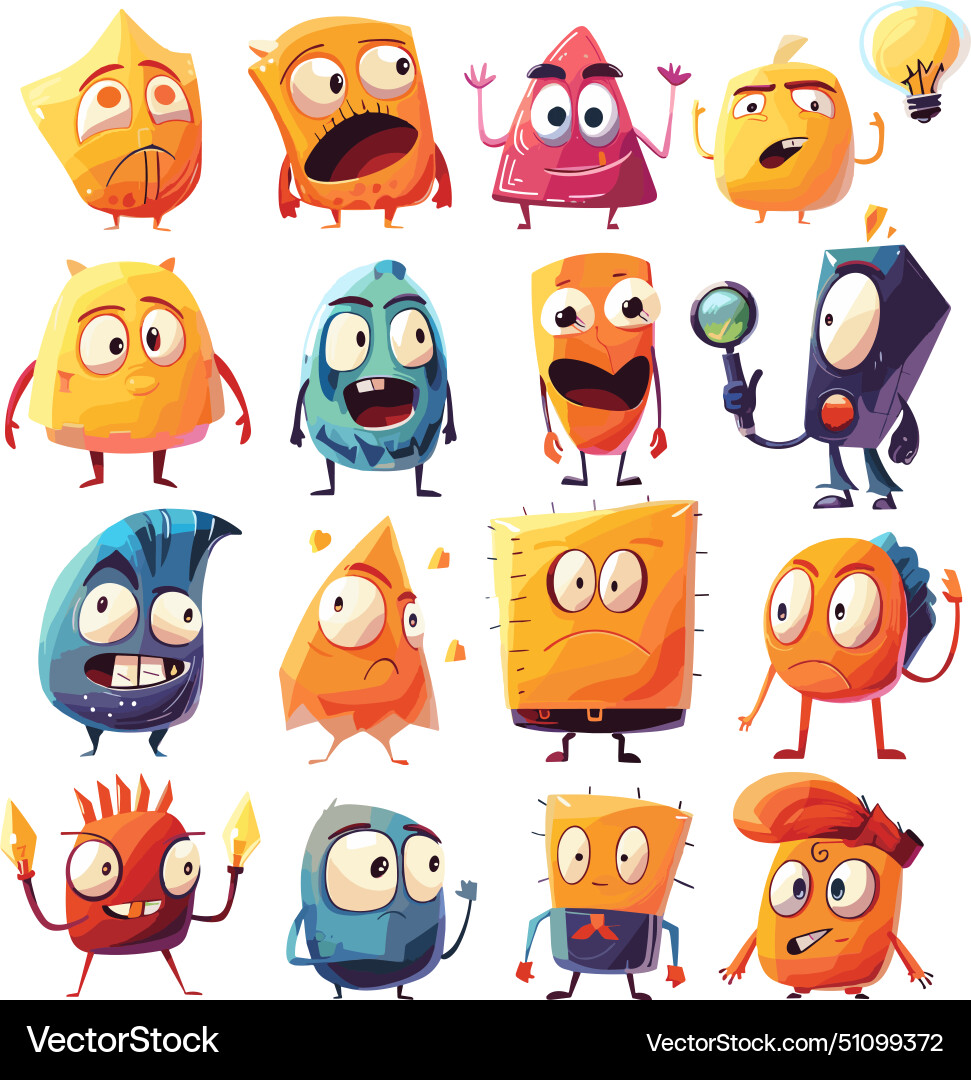 Comic geometric creatures cartoon set Royalty Free Vector