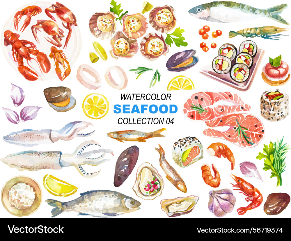 Watercolor seafood clipart Royalty Free Vector Image