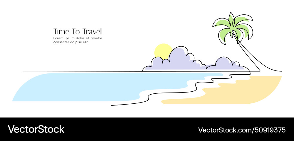 One continuous line drawing of beach with palm Vector Image