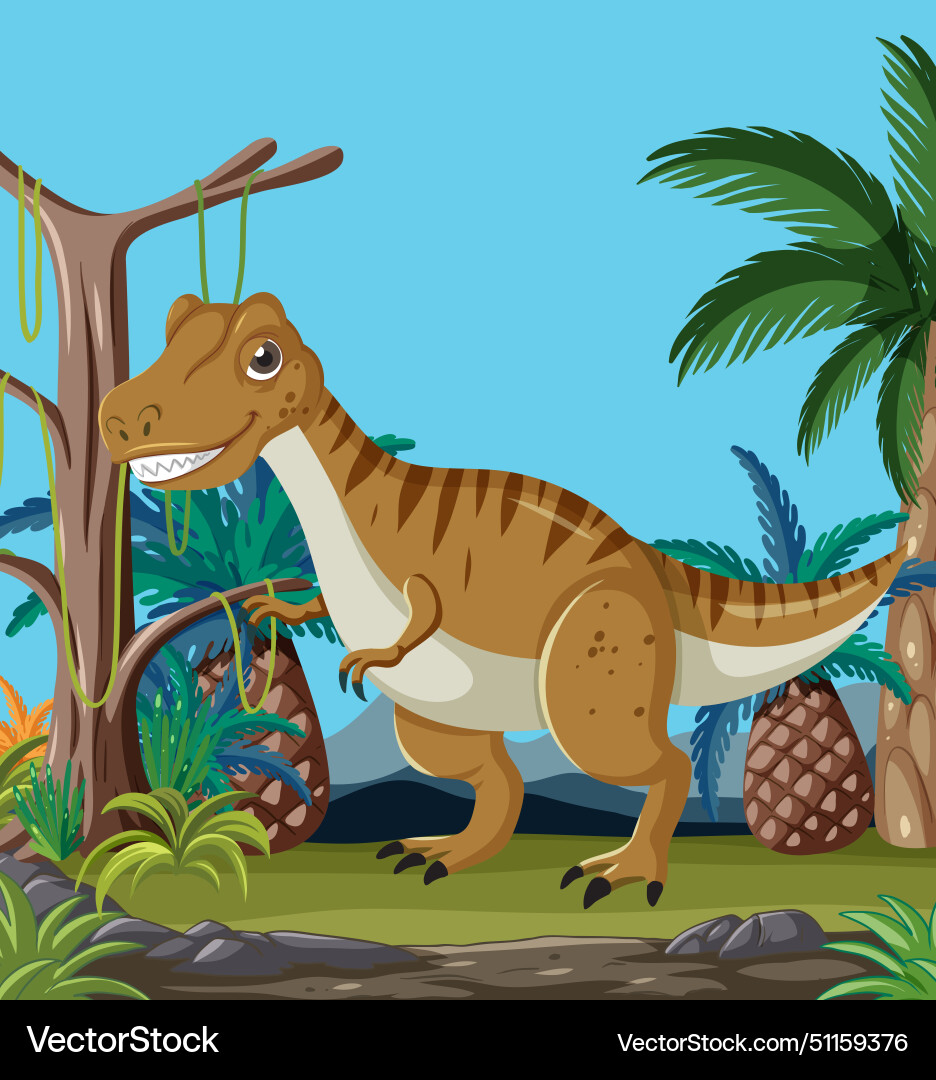 Cartoon dinosaur roaming a vibrant prehistoric Vector Image