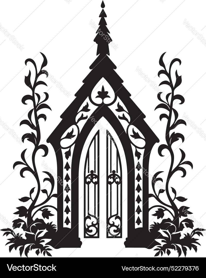 Leafy gateway emblem black logo with church gate Vector Image