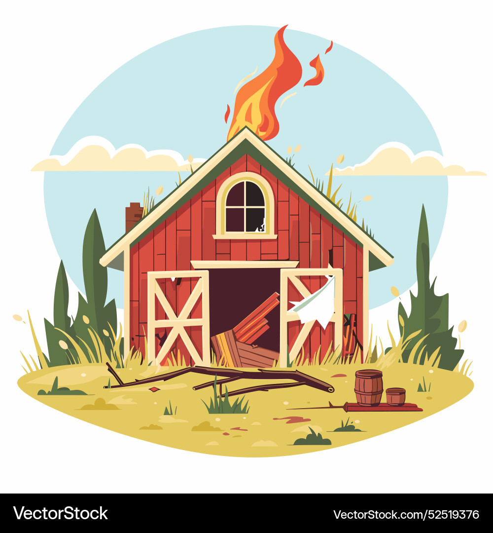 Red barn burning fire flames rural farm disaster Vector Image