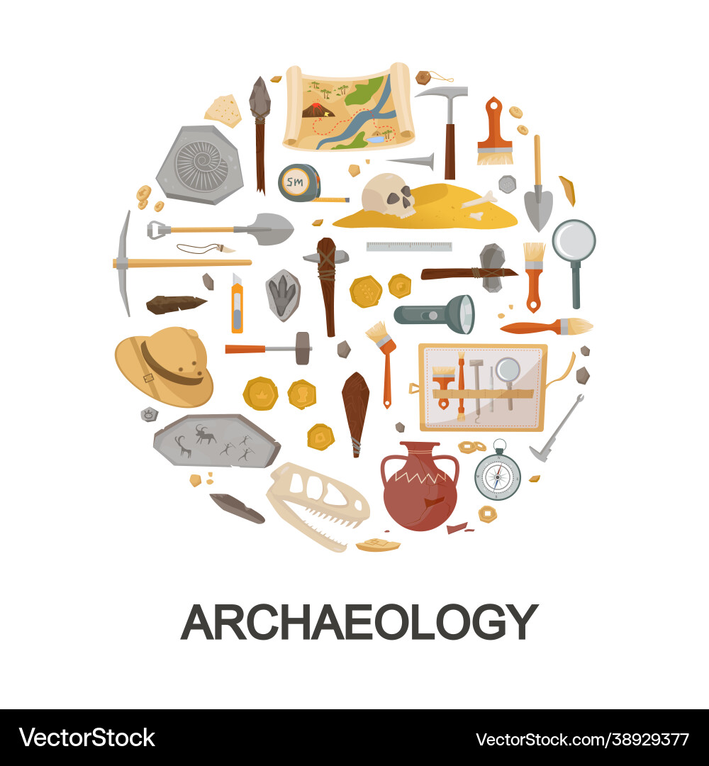 Archaeological ancient finds and excavation tools Vector Image
