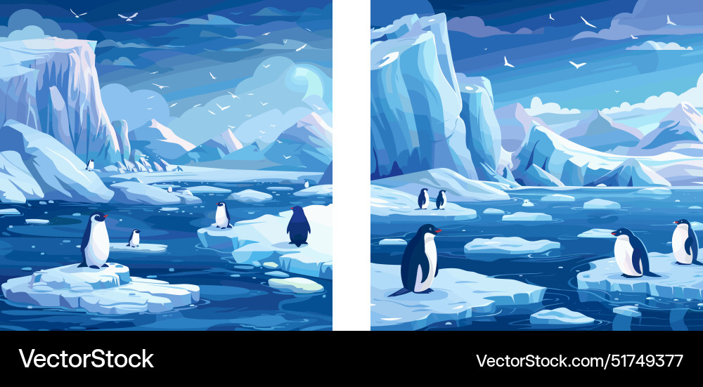 Penguins ice floe cartoon scene seabirds Vector Image