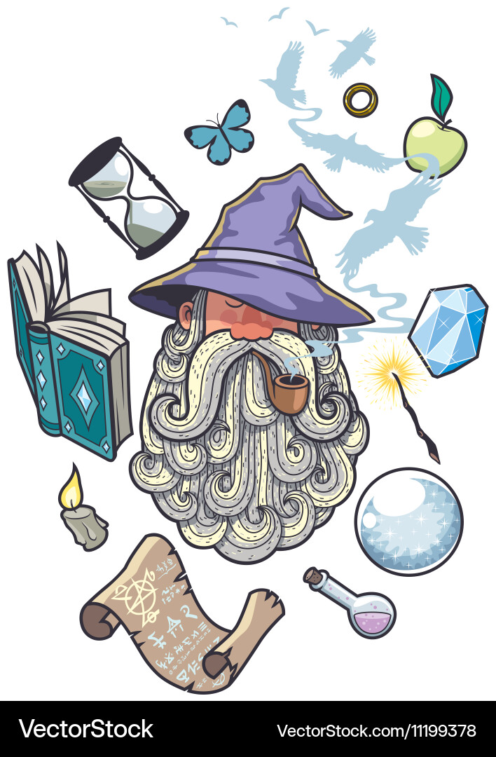 Wizard Portrait with Magical Elements Royalty Free Vector