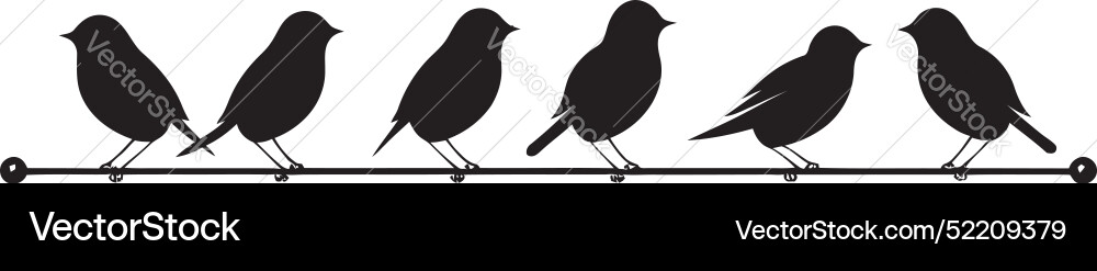 Fluffy flock cartoon birds on wire black emblem Vector Image