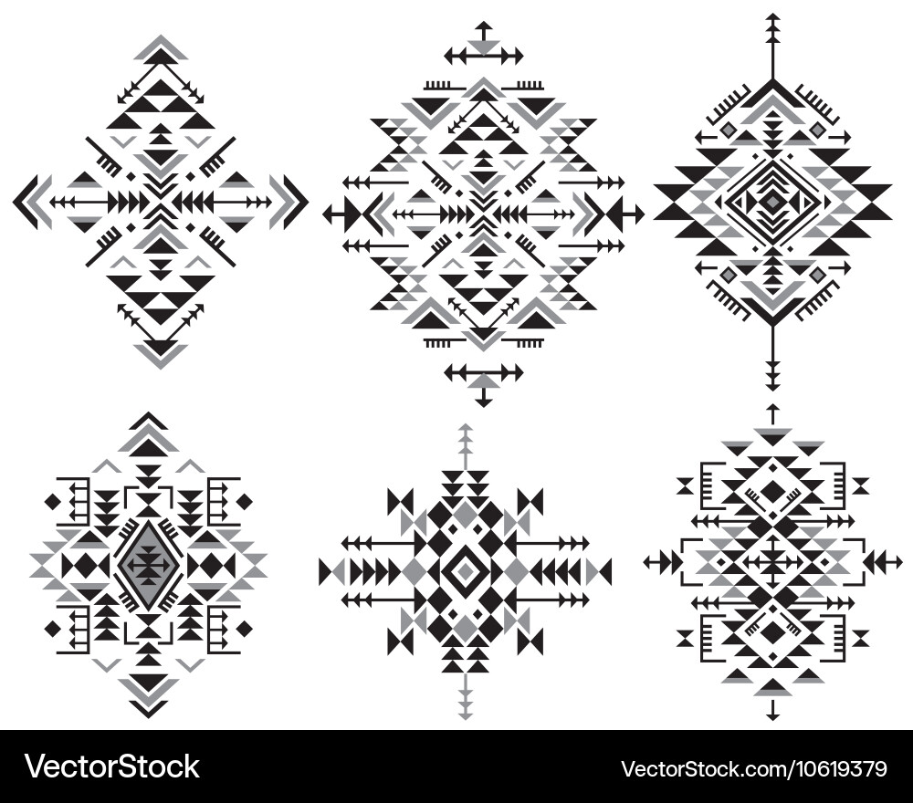 Set of six black and white ethnic pattern elements