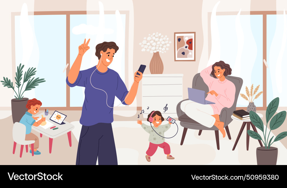 Advanced family using gadgets happy children Vector Image