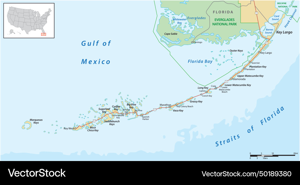 Detaild florida keys road and travel map Vector Image