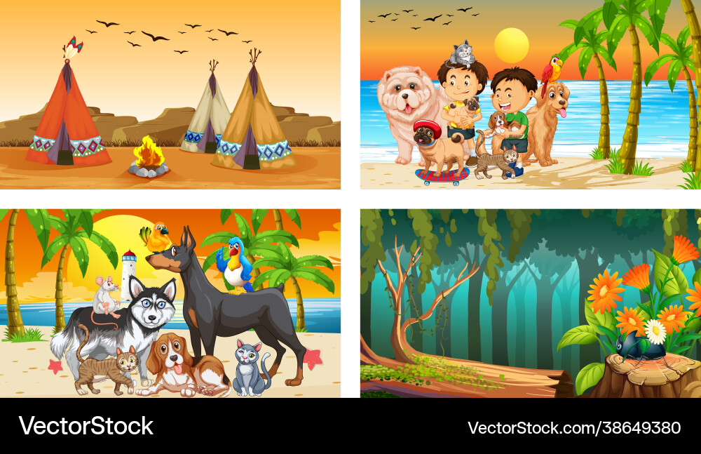 Four different scenes with children cartoon Vector Image