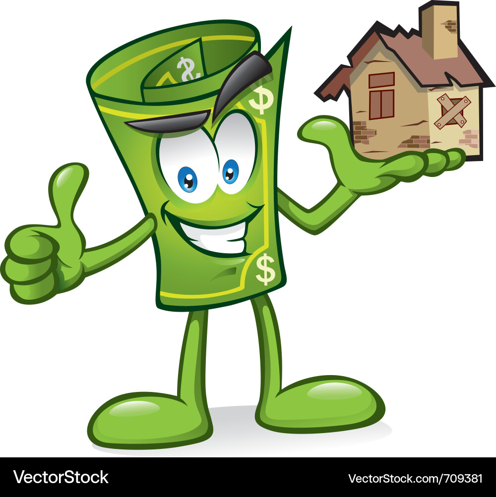 Cartoon money with damaged homes Royalty Free Vector Image