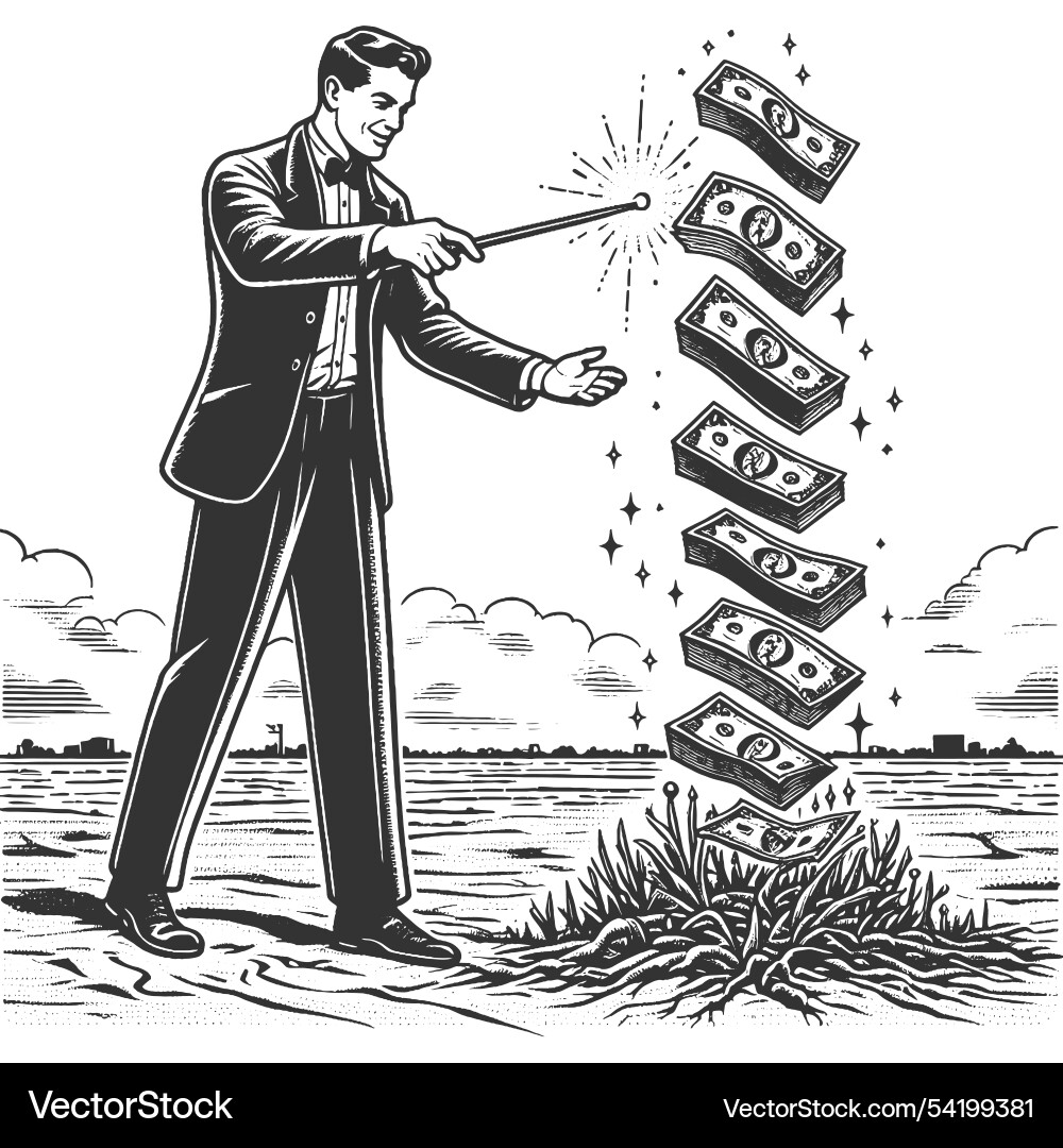 Man magically growing money engraving Royalty Free Vector