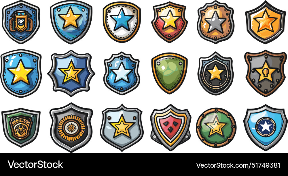 Police color badges cartoon set shield Royalty Free Vector