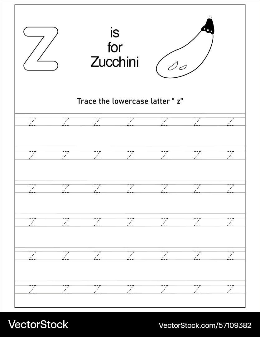 Preschool z worksheet tracing lowercase letter Vector Image