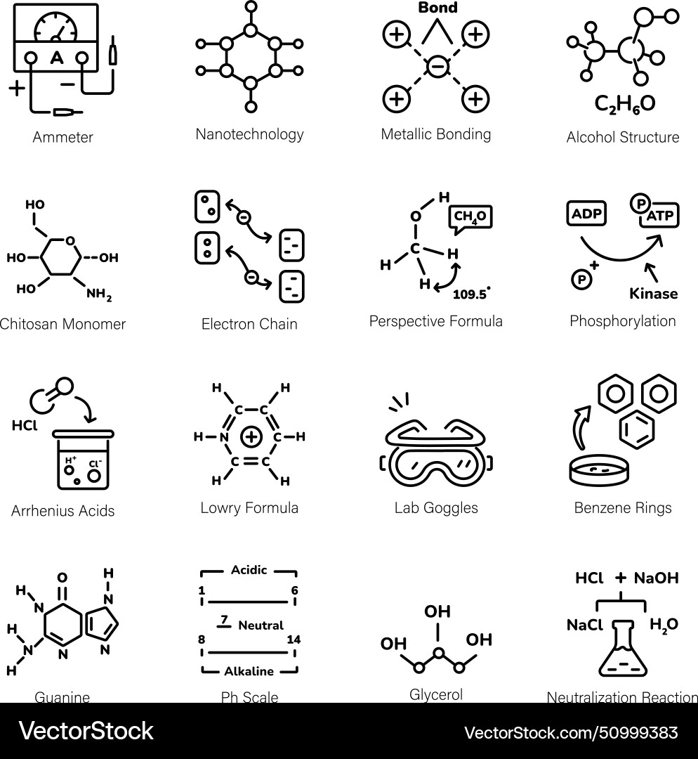 Set of chemistry study linear icons Royalty Free Vector