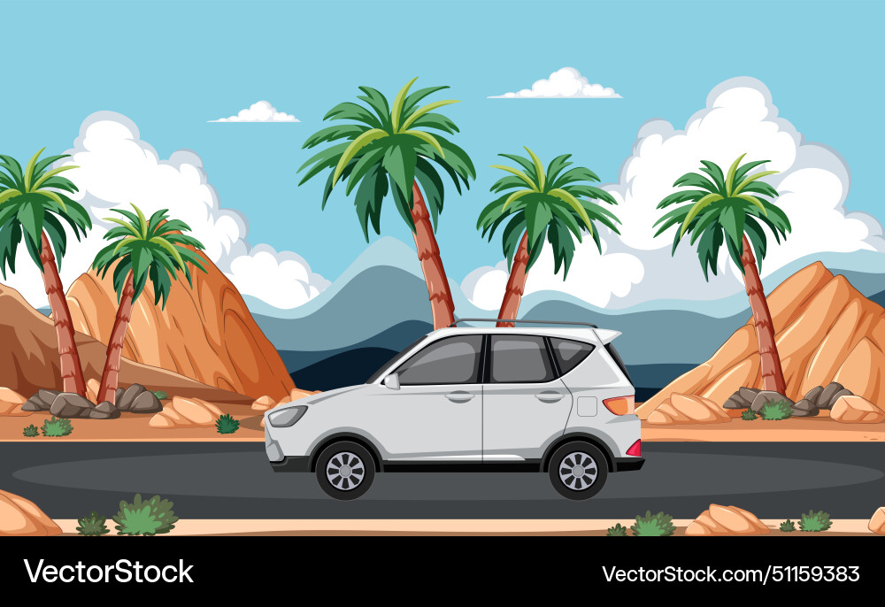 White suv driving through a scenic desert Vector Image