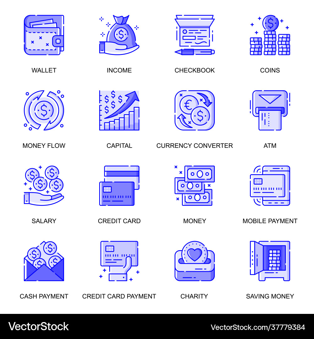 Money web flat line icons set pack outline Vector Image