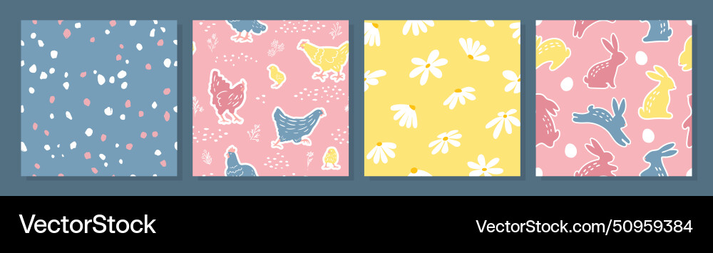 Set of seamless pattern with bunnies and chicken Vector Image