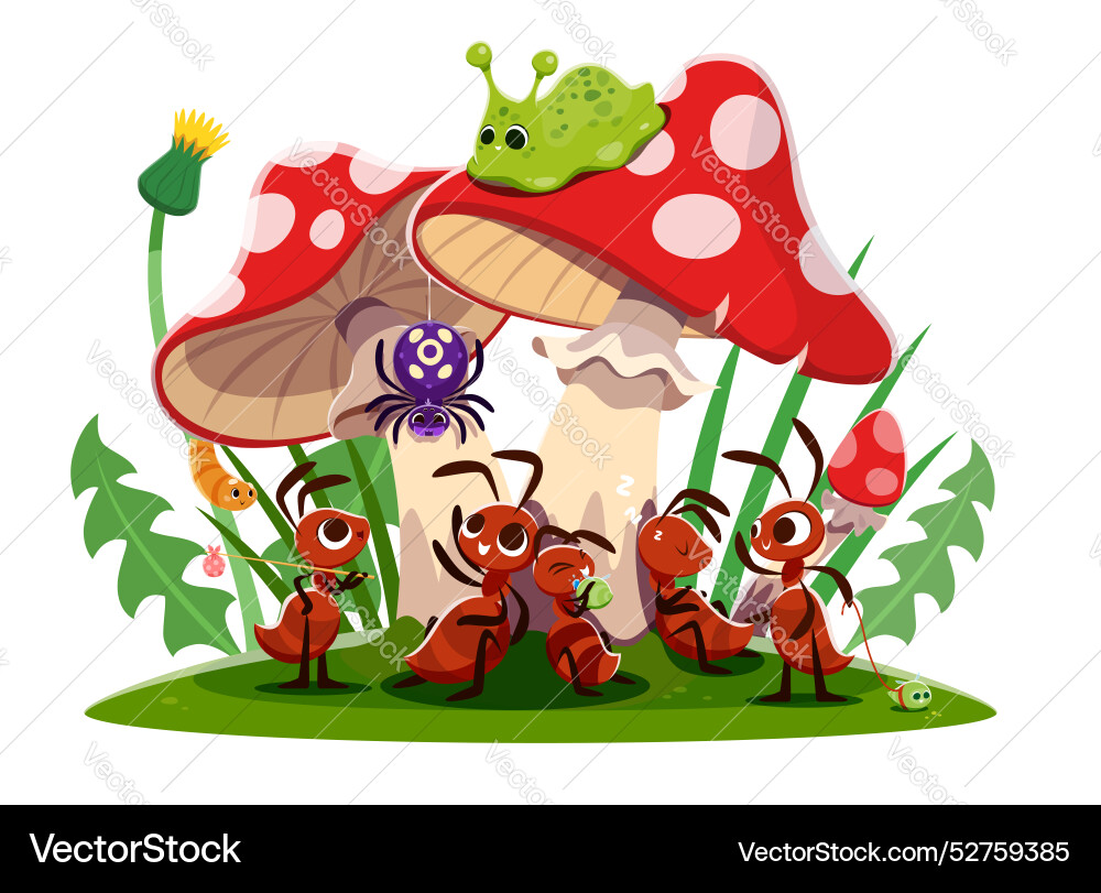 Ant characters rest after work cartoon termites Vector Image