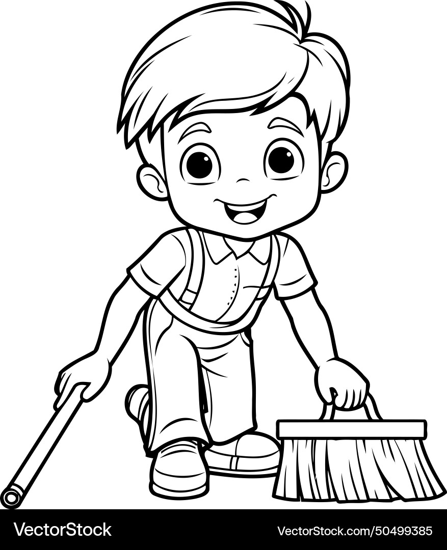 Cartoon boy sweeping floor with broom black Vector Image