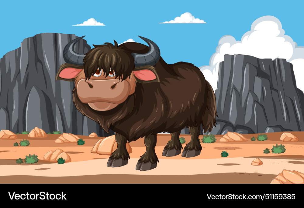 Cartoon yak standing in a rocky terrain Royalty Free Vector