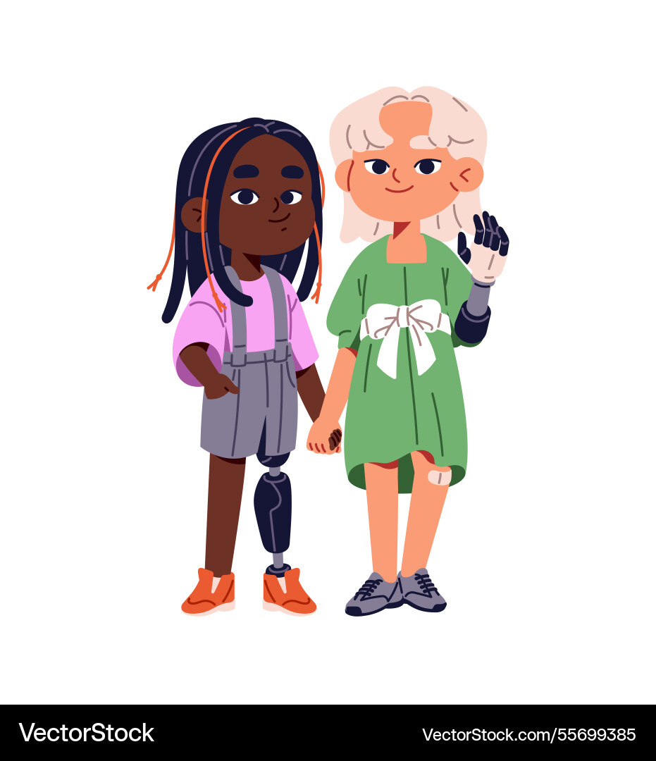 Happy girls with bionic leg hand standing Vector Image