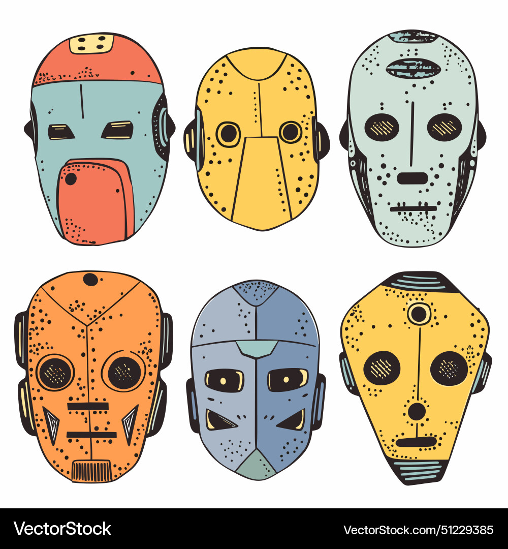Set five robot faces hand drawn style multicolor Vector Image