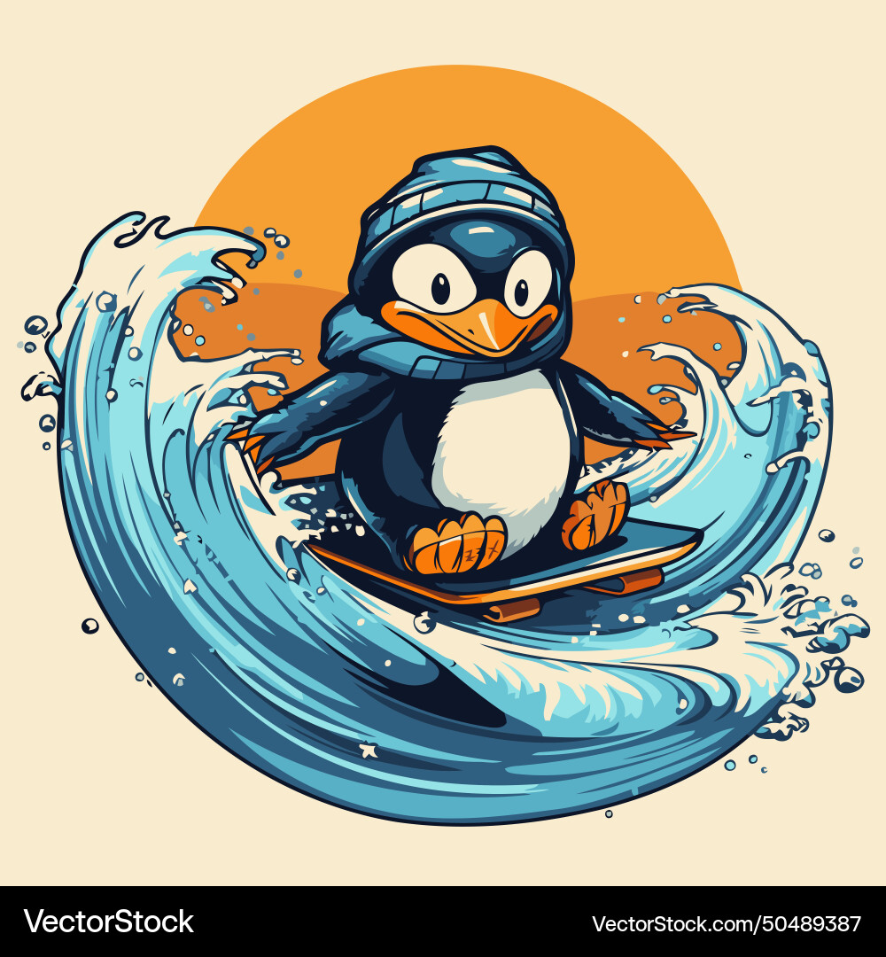 Cartoon penguin surfing on a surfboard Royalty Free Vector