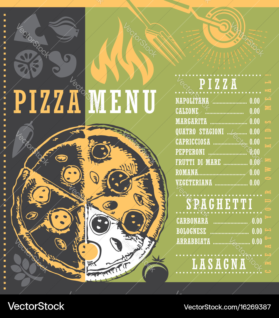 Pizza menu document print template with draw Vector Image