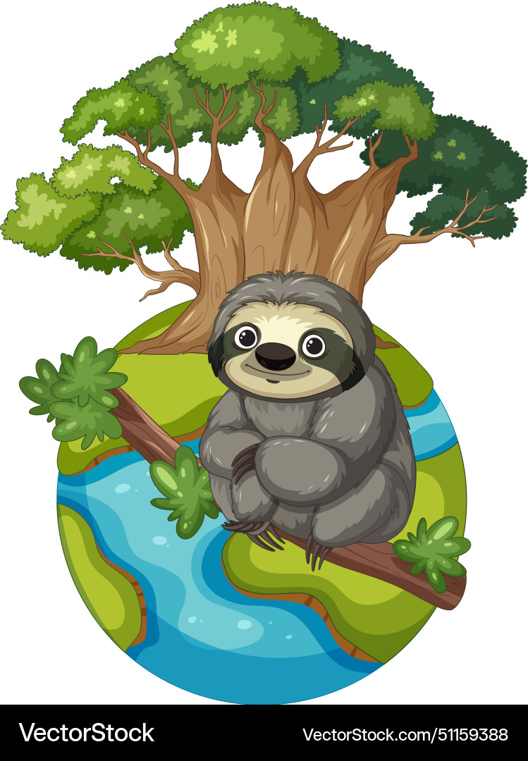 Cartoon sloth hanging from a tree on globe Vector Image