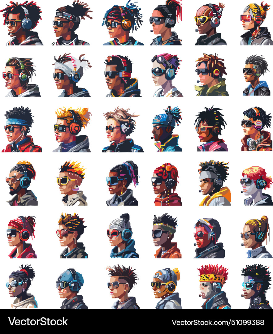 Cyberpunk avatars pixel art set modern men Vector Image