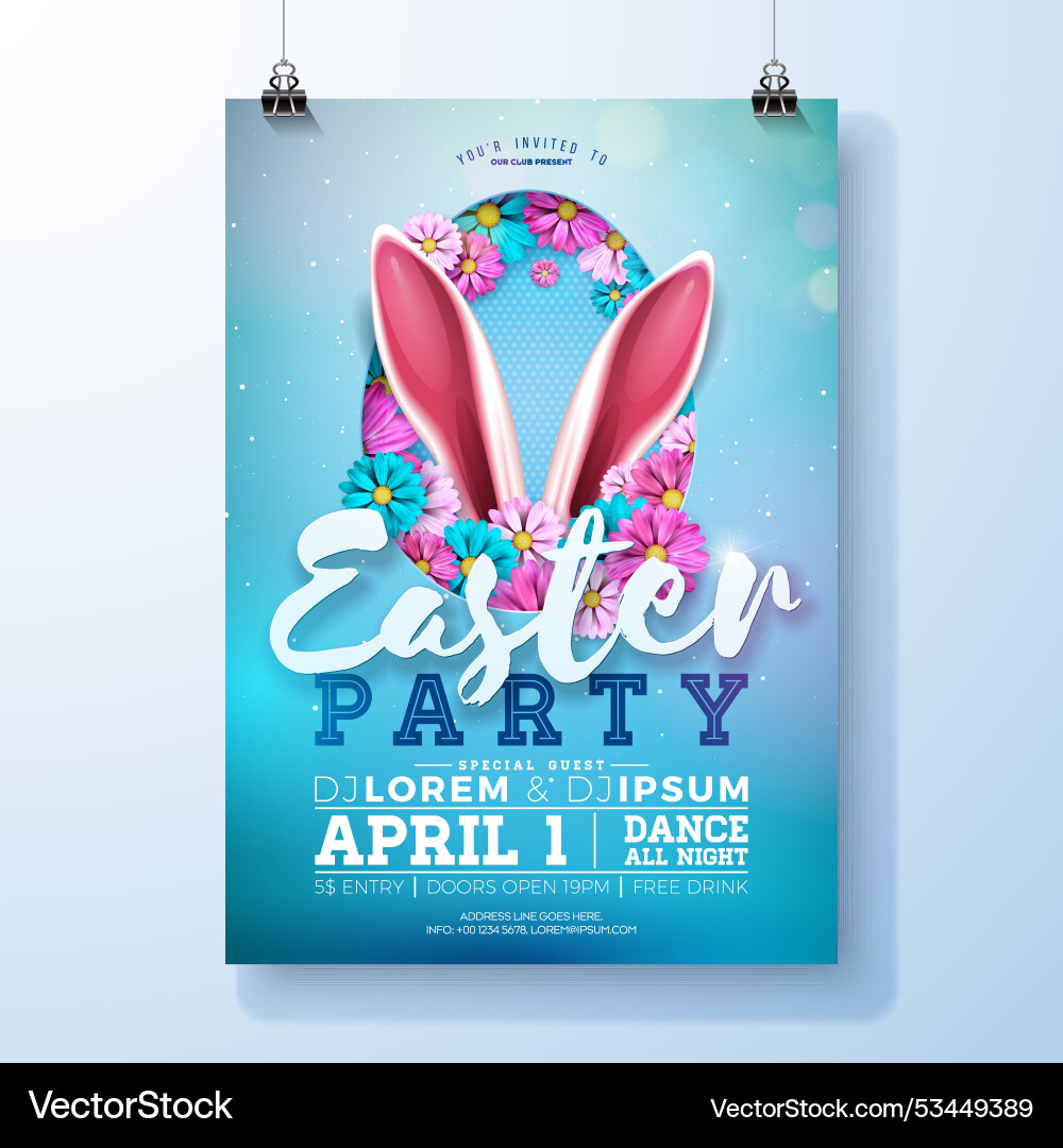 Easter party flyer with painted eggs rabbit ears Vector Image