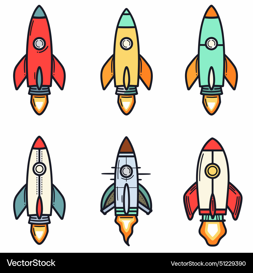 Six colorful cartoon rockets arranged two rows Vector Image