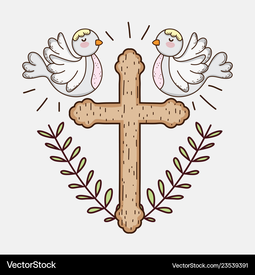 First communion with cross and doves branches Vector Image