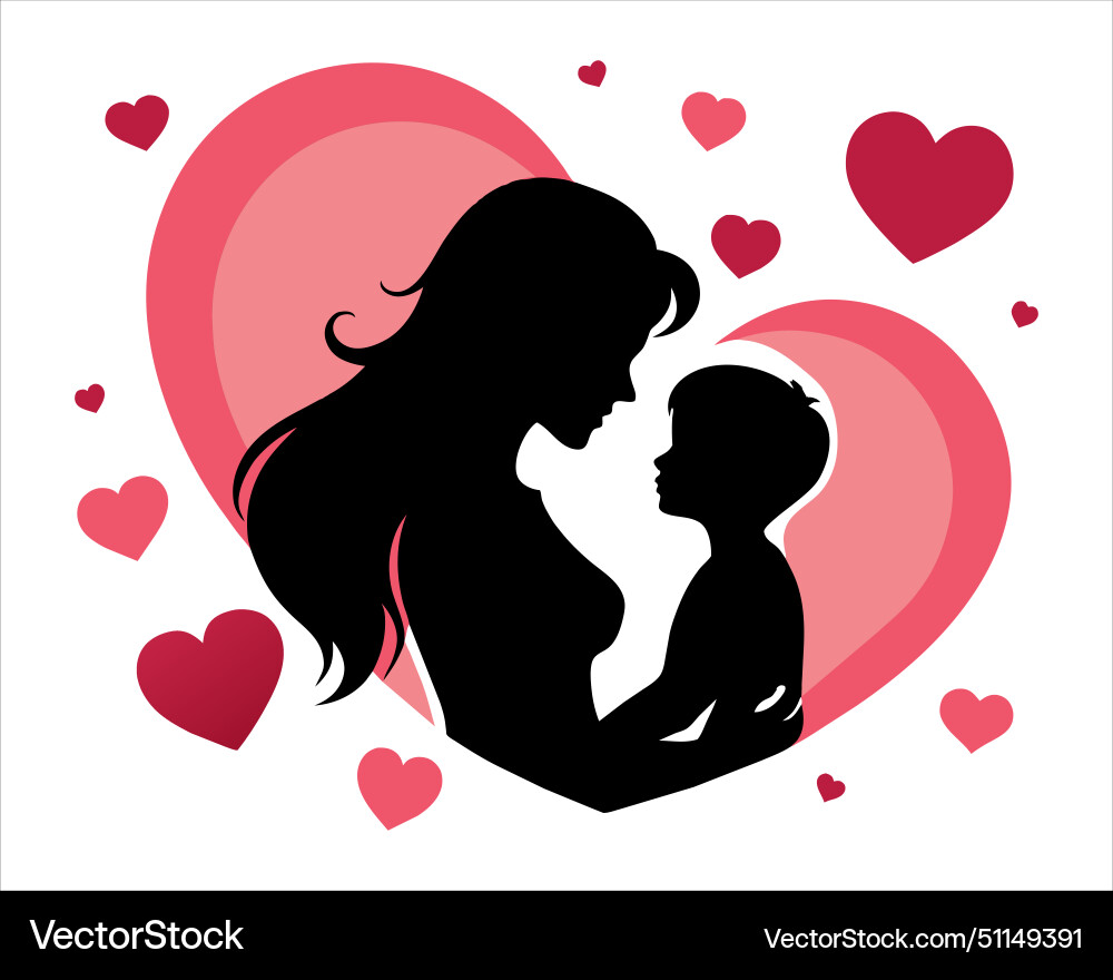 Mutter und Kind in Silhouette mit Herzen Vektorbild