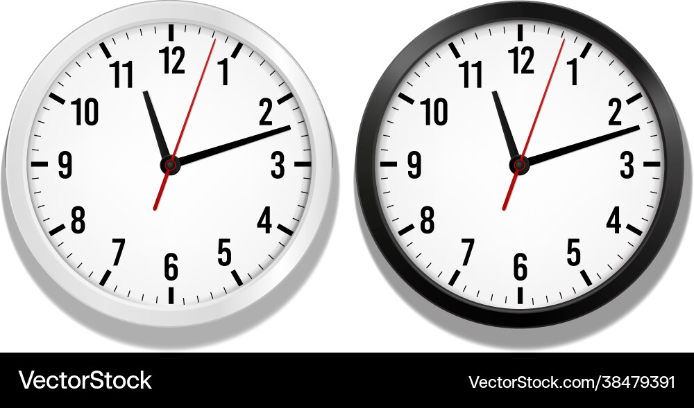 Office clock realistic round watches with time Vector Image