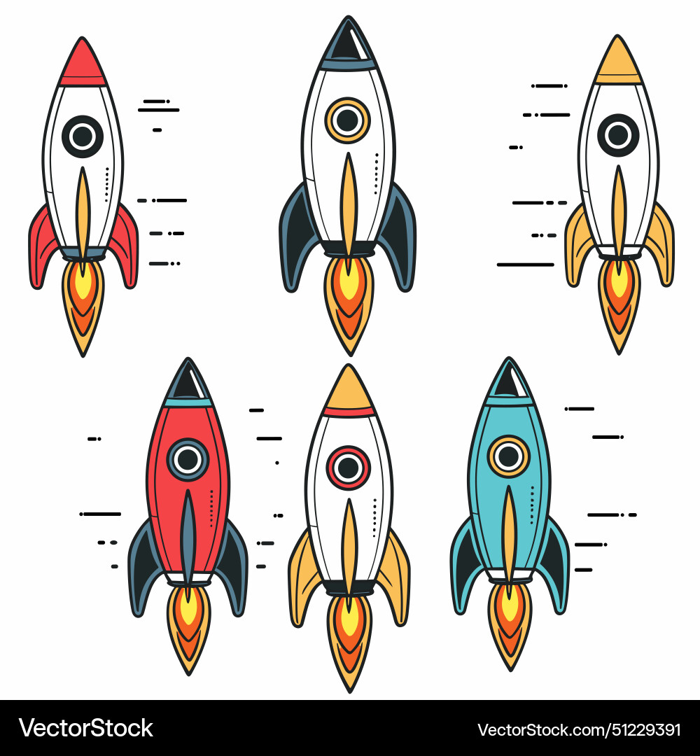 Six colorful cartoon rockets ascending different Vector Image