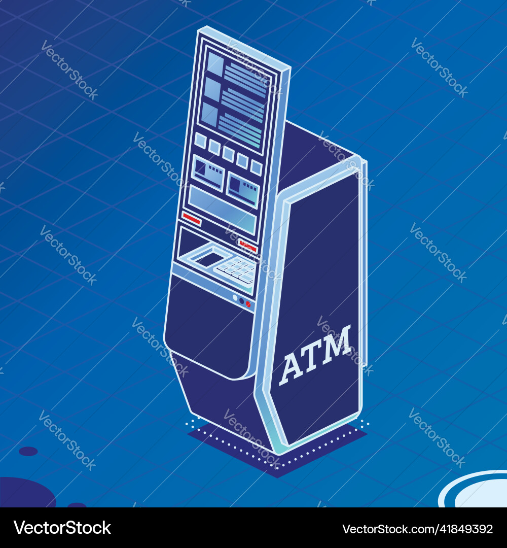 Modern atm machine on blue background isometric Vector Image