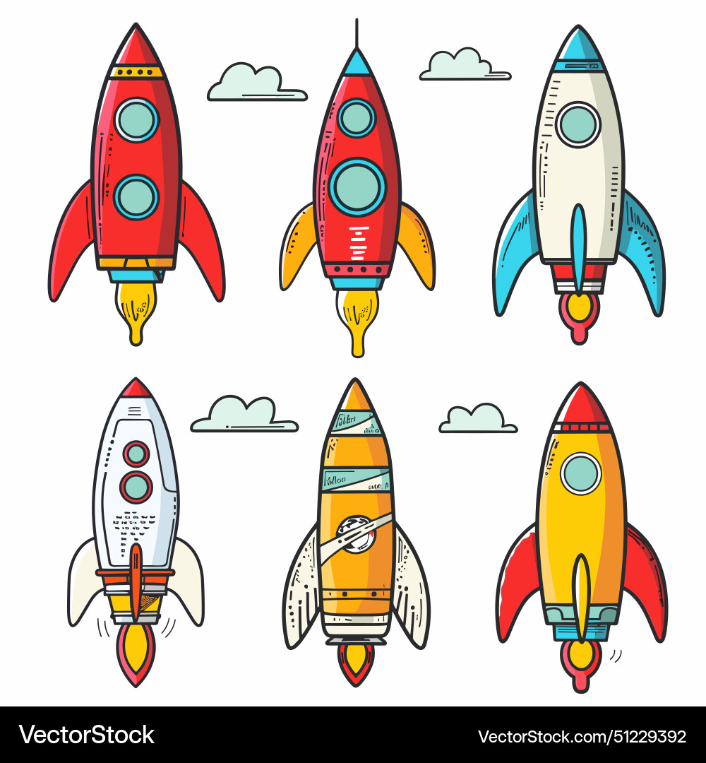 Six cartoon rockets various colors designs flying Vector Image