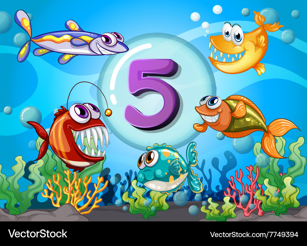 Flashcard number 5 with fish underwater Royalty Free Vector