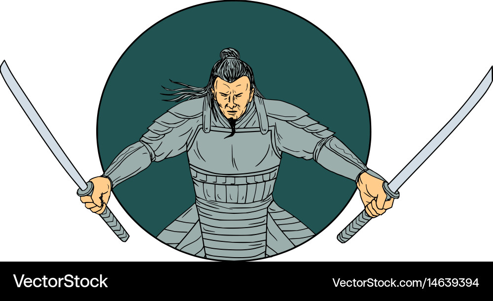 Samurai warrior wielding two swords oval drawing Vector Image