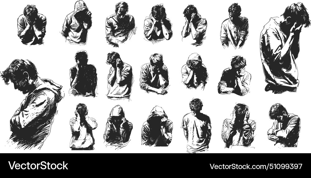 Depression people ink sketch collection Royalty Free Vector
